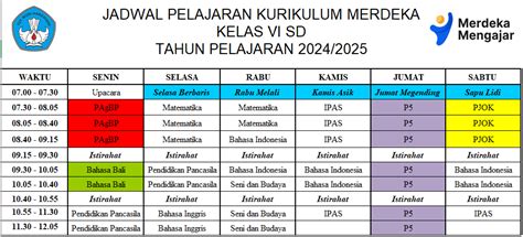 Jadwal Pelajaran Kelas 6 Kurmer Tapel 2024 2025 Kherysuryawan Id