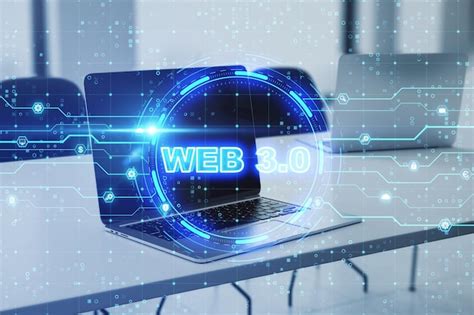 Web 30 새로운 인터넷 미래 분산형 블록 체인 기술 개념 사무실 데스크톱에서 랩톱 컴퓨터 닫기 이중 노출 프리미엄 사진