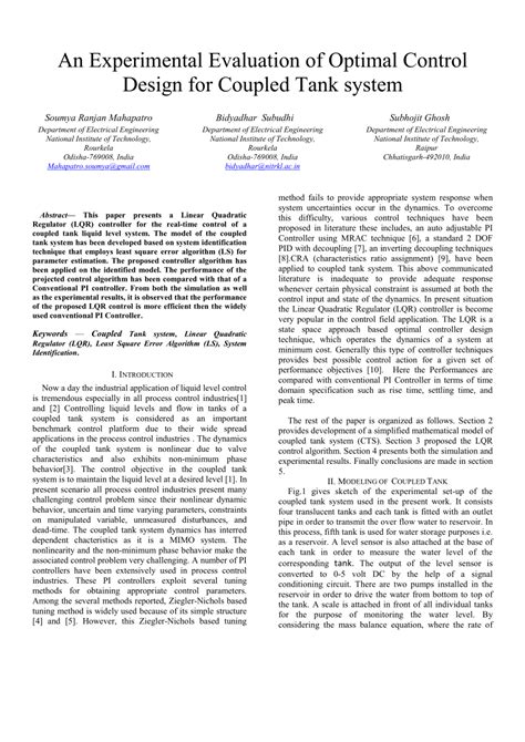 Pdf An Experimental Evaluation Of Optimal Control Design For Coupled Tank System