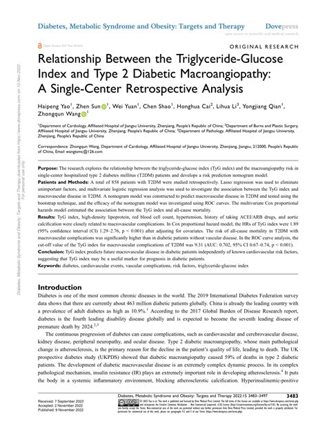 Pdf Relationship Between The Triglyceride Glucose Index And Type 2 Diabetic Macroangiopathy A