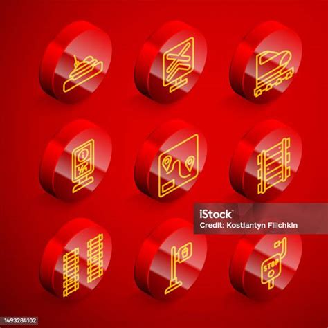 음식 철도 건널목 고속 열차 안내소 노선 위치 철도 철도 트랙 및 카페 레스토랑 아이콘으로 라인 플레이트를 설정합니다 벡터 3차원 형태에 대한 스톡 벡터 아트 및 기타