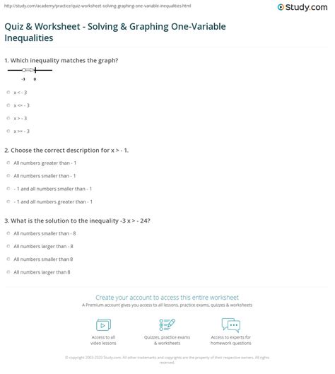 Quiz And Worksheet Solving And Graphing One Variable Inequalities