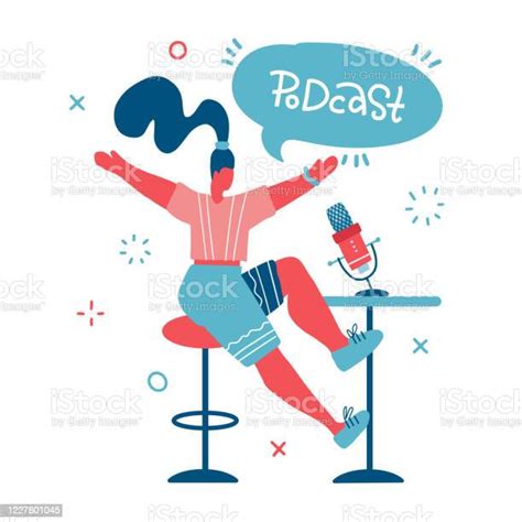 라디오 호스트 미디어 호스팅 낙서 그리기 팟 캐스트 문자 비문 작업 공간 고립 만화 캐릭터에서 방송과 음성 거품 여성 팟 캐스터 벡터 플랫 일러스트레이션 아이에 대한 스톡