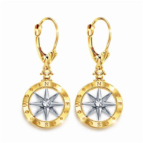 Gold Compass Earrings Dangle Earrings 10 Karat Solid Gold