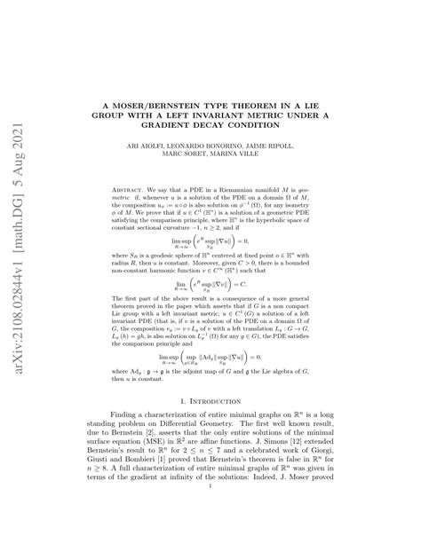 Pdf A Moserbernstein Type Theorem In A Lie Group With A Left Invariant Metric Under A