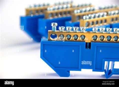 Electrical Terminal Blocks Isolated On White Background Connector Or Clamps For Cables And