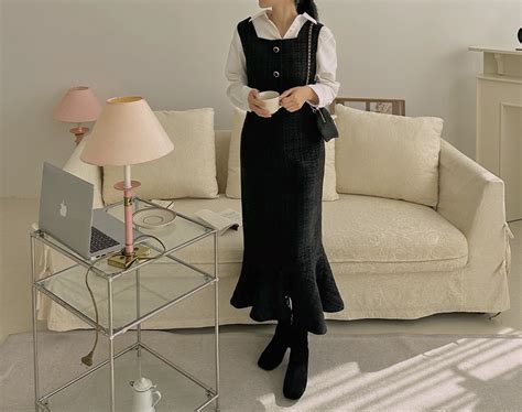 리리앤코 트레이나 트위드 뷔스티에 프릴 롱 원피스