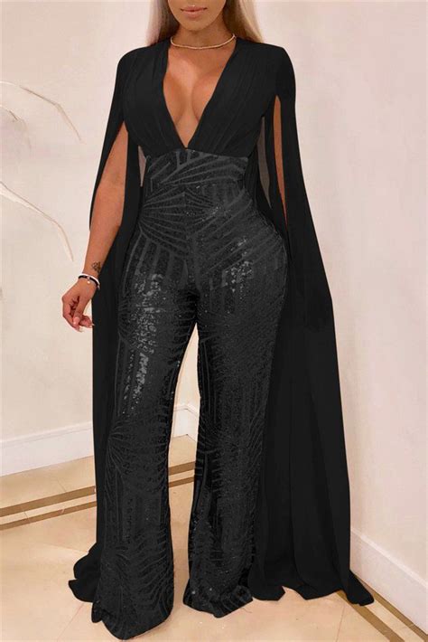 Plus Size Sequins Splicing Party Jumpsuit Loose Jumpsuit Jumpsuit With Sleeves Jumpsuit Prom