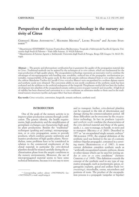 Pdf Perspectives Of The Encapsulation Technology In The Nursery Activity Of Citrus