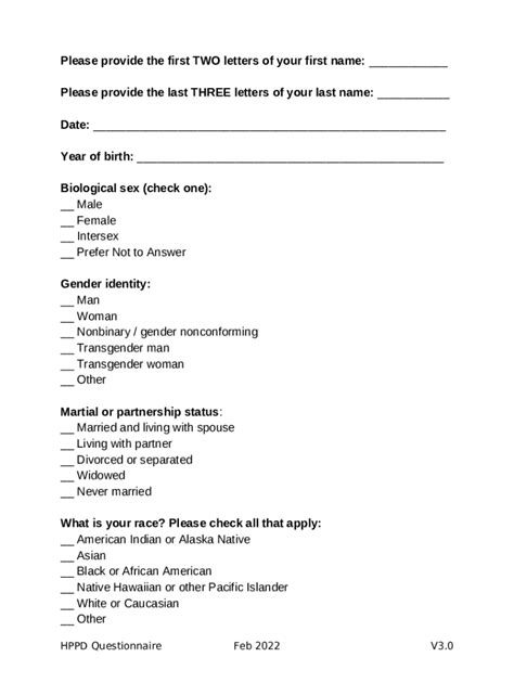 Hppd Questionnaire Doc Template Pdffiller