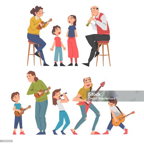 손자 세트와 악기를 연주하는 조부모 행복한 할아버지와 할머니는 손자와 손녀 만화 벡터 일러스트와 함께 즐거운 시간을 보내고 음악에 대한 스톡 벡터 아트 및 기타 이미지