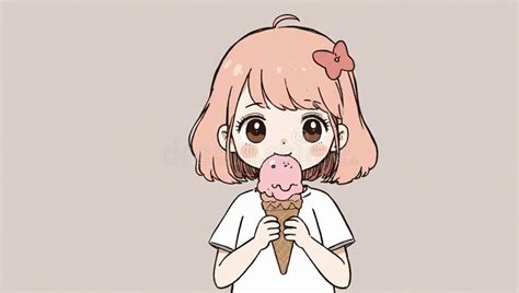 Cute Girl With Big Eyes Eating Pink Ice Cream Cone Anime Style Stock