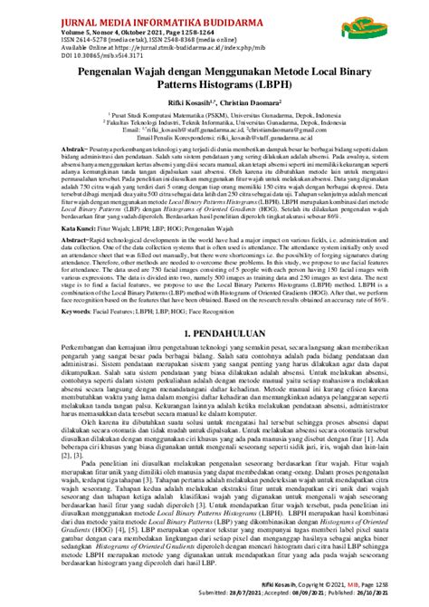 Pdf Pengenalan Wajah Dengan Menggunakan Metode Local Binary Patterns Histograms Lbph