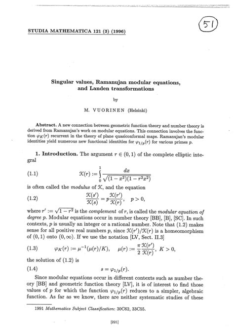 Pdf Singular Values Ramanujan Modular Equations And Landen