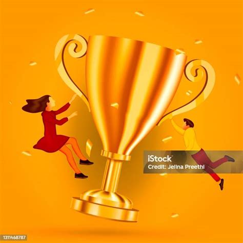 황금 거인 챔피언 컵 주위를 비행하는 사람들 우승자 팀워크 또는 성공 컨셉 현대 플랫 벡터 일러스트레이션 Championship