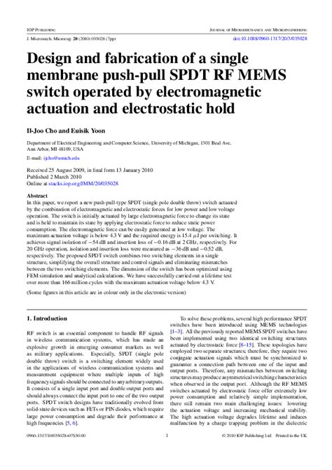 Pdf Design And Fabrication Of A Single Membrane Push Pull Spdt Rf
