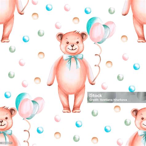 흰색 배경에 풍선과 수채화 그림이 있는 서 있는 곰의 완벽 한 패턴입니다 아기 벽지 아기 린넨 베이비 샤워에 대 한 잠자는 곰의 손으로 그린 그림 가정의 방에 대한 스톡