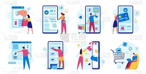 在线购物。用智能手机进行数字支付。顾客在网上商店购买。网上商店结账和配送，电子商务概念向量集素材 花瓣网
