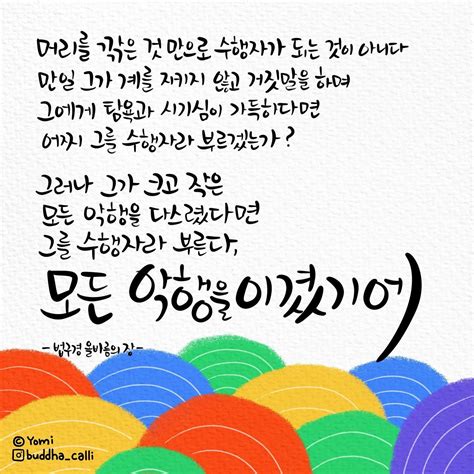 요미 캘리그라피 머리를 깎은 것만으로 수행자가 되는 것이 아니다 만일 그가 계를 지키지 않고 거짓말을 하며 그에게 탐욕과 시기심이 가득하다면 어찌 그를 수행자라