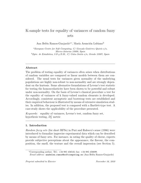 Pdf K Sample Tests For Equality Of Variances Of Random Fuzzy Sets