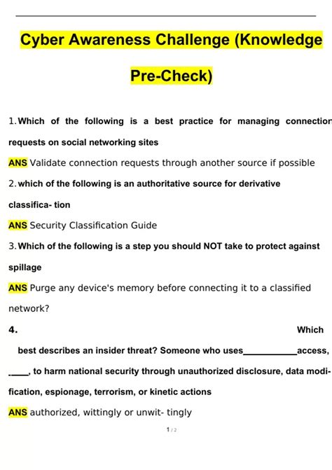 Cyber Awareness Challenge 2024 Knowledge Pre Check Questions With 100 Correct Answers