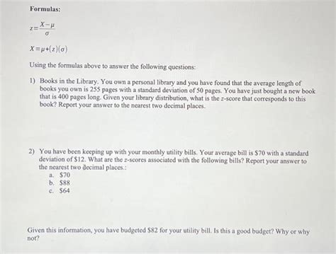 Solved Formulas z σXμX μ z σ Using the formulas above Chegg com