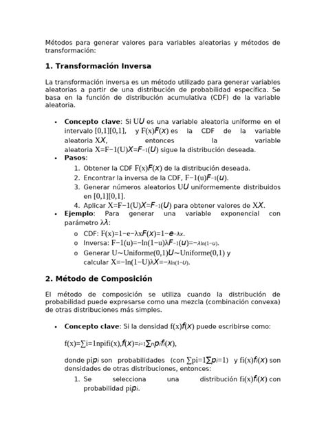 Métodos Para Generar Valores Para Variables Aleatorias Y Métodos De