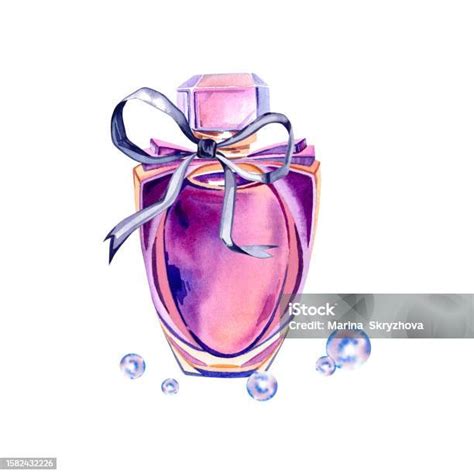 오 드 뚜왈렛은 회색 활과 진주가 있는 분홍색입니다 여성용 향수 고립된 배경에 수채화 그림 아름다움과 패션 꽃의 향기로운 냄새 세련된 향 0명에 대한 스톡 벡터 아트 및