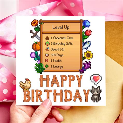 Level Up Stardew Birthday Card Retro 16 Bit Cosy Cottagecore Pixel