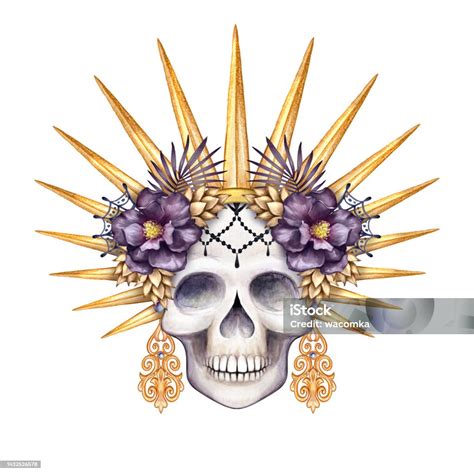 꽃 황금 왕관 및 귀걸이가있는 인간 여성 두개골 고딕 양식의 여왕의 마법의 빈티지 수채화 그림 흰색 배경에 고립 된 죽은 클립 아트의 날 할로윈 마스크 꽃 꽃의 구조에 대한