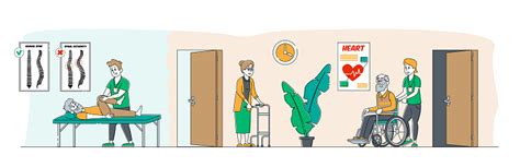 요양원에서 노인 장애인을 돕습니다 휠체어에 노인 캐릭터의 사회 복지 커뮤니티 케어 숙련 된 간호사 주거 건강 관리 물리 치료 서비스 선형 벡터 일러스트레이션 일러스트레이션에