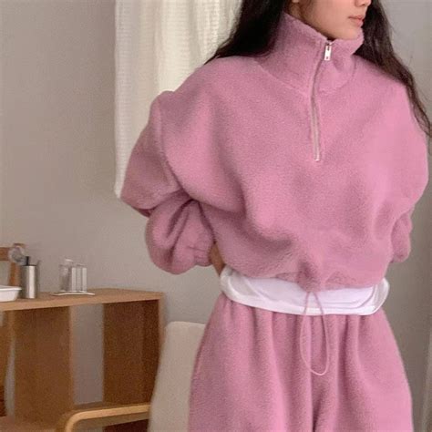 여성용 후리스 양털 트레이닝복 세트 케주얼 도툼한 뽀글이 기모 반집업 맨투맨 와이드 팬츠 투피스 데일리 트레이닝복 쿠팡