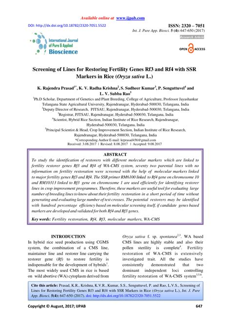Pdf Screening Of Lines For Restoring Fertility Genes Rf3 And Rf4 With Ssr Markers In Rice