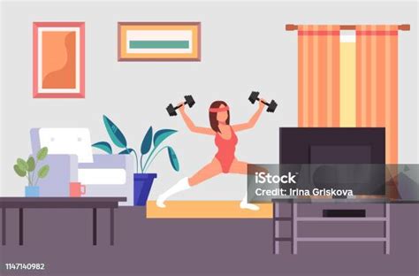 Tv 강사에 집에서 피트 니스 스포츠를 하 고 여자 캐릭터 가정 운동 개념입니다 벡터 평면 만화 그래픽 디자인 일러스트 레이 션 가정 생활에 대한 스톡 벡터 아트 및 기타
