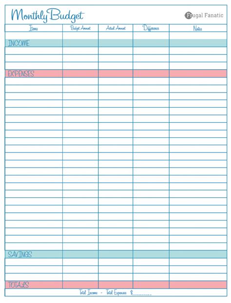 Blank Budget Worksheet Printable Room