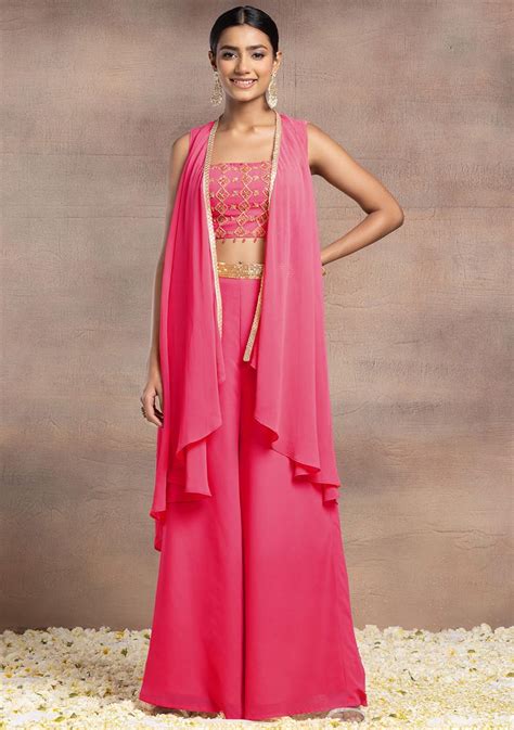Buy Women Hot Pink Jacket Set With Sequin Bead Hand Embroidered Blouse And Palazzo Ilk02934
