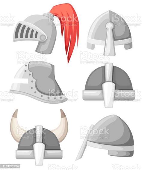 중세 금속 기사 헬멧 컬렉션입니다 실버 컬러 갑옷입니다 전사 기사 고딕 노먼 로고 상징 기호 스포츠 마스코트 흰색 배경에 고립 된 평면 벡터 일러스트 레이 션 기사 사람의