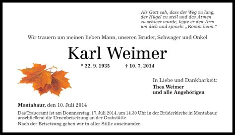 Traueranzeigen Von Karl Weimer Rz Trauer De
