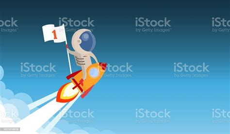 번호 하나를 들고는 로켓을 타고 우주 비행사에 의해 플래그 및 공간으로 클라우드를 통해 연기 평면 디자인입니다 벡터 일러스트입니다 로켓에 대한 스톡 벡터 아트 및 기타
