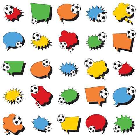 팝 아트 스타일의 축구공이 있는 여러 가지 빛깔의 생각 구름 연설 및 폭발 거품 프리미엄 벡터