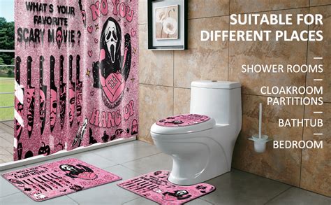 4 Pcs Pink Horror Shower Curtain Set With Rugshalloween