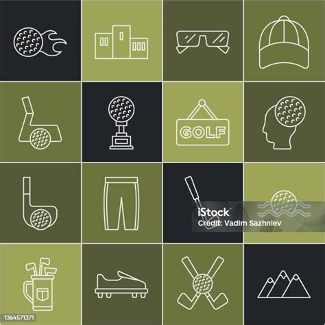 세트 라인 마운틴 골프 볼 물 안경 골프 클럽 라벨 아이콘이있는 어워드 컵 벡터 골프에 대한 스톡 벡터 아트 및 기타 이미지 골프 라인아트 벡터 Istock
