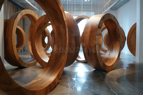 An Abstract Timber Art Installation In A Gallery Featuring Interlocking Wooden Circles Of