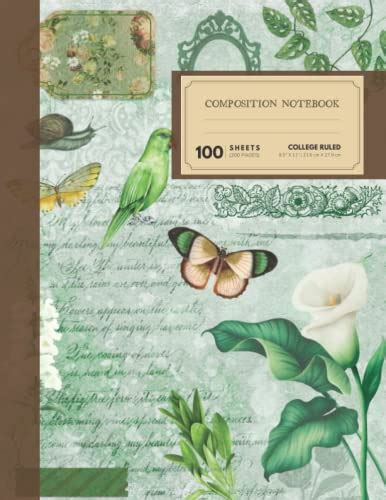 100 Sheet Page Standard 8 5 X11 Green Botanical Composition Notebook With Premium Vintage