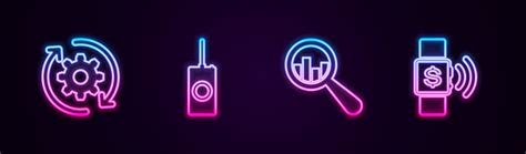 라인 기어 및 화살표를 워크플로우 원격 제어 돋보기 분석 및 비접촉식 결제로 설정합니다 빛나는 네온 아이콘 벡터 구매에 대한