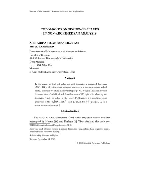 Pdf Topologies On Sequence Spaces In Non Archimedean Analysis