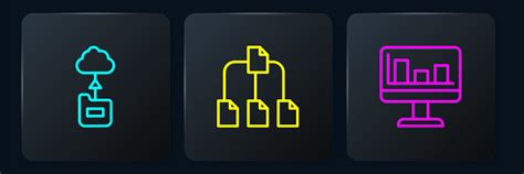 라인 클라우드 기술 데이터 전송 그래프 차트 및 폴더 트리로 모니터링합니다 검은색 사각형 버튼입니다 벡터 건축물에 대한 스톡