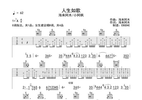 人生如歌吉他谱 海来阿木小阿枫 G调吉他弹唱谱 琴谱网