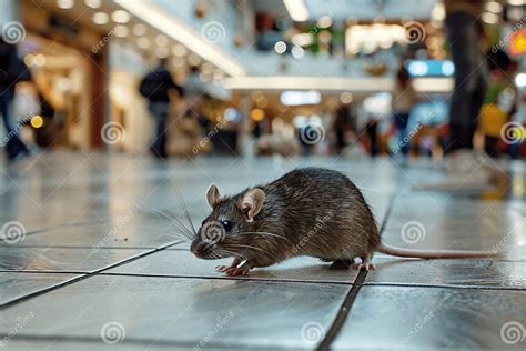 Close Up Of Small Rat On Floor In Shopping Mall In City Stock
