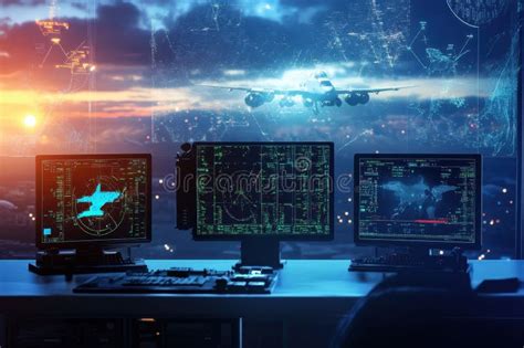 Control Center Monitors Aircraft Activity At Night Over A Bustling City Landscape Stock Image